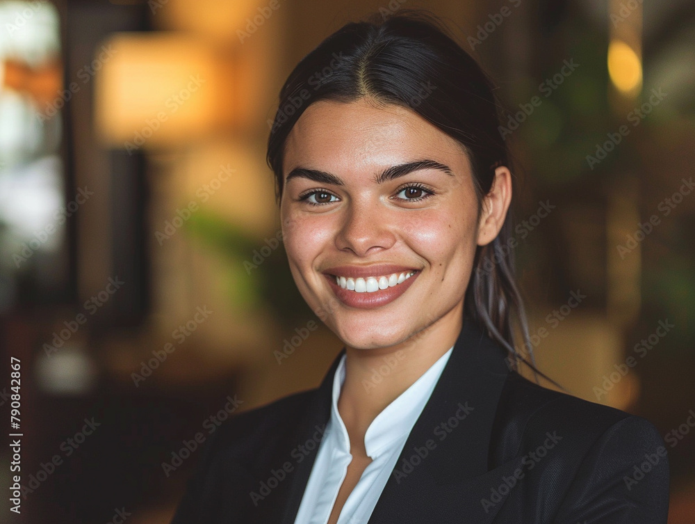 Close-up of a charismatic female concierge, her half-body frame and ...