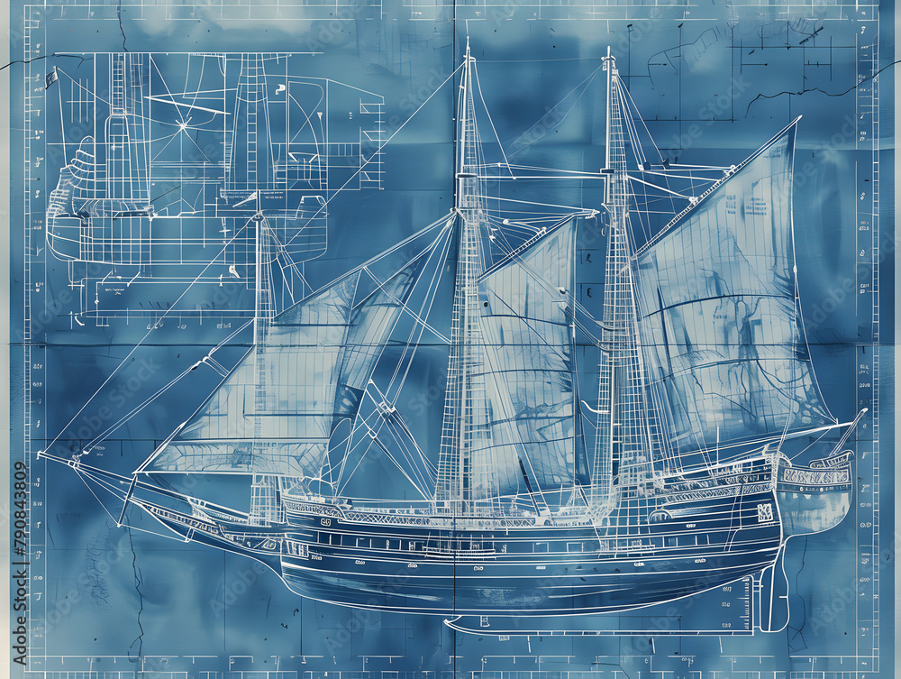 Nautical Ship Blueprint in Cyanotype Style Technical Drawing of ...