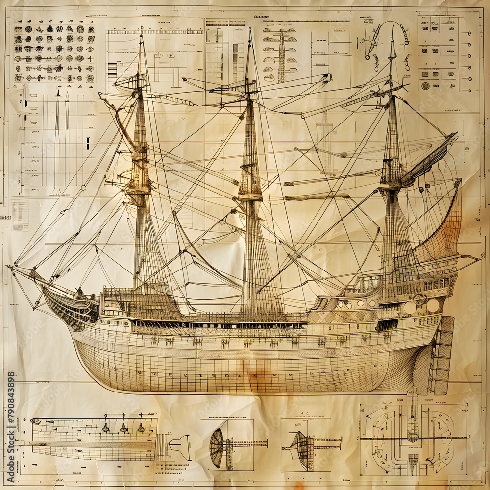 Nautical Ship Blueprint in Cyanotype Style Technical Drawing of ...