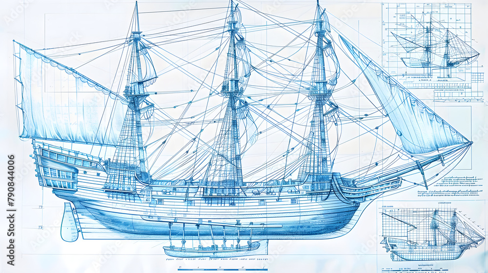 Nautical Ship Blueprint in Cyanotype Style Technical Drawing of ...