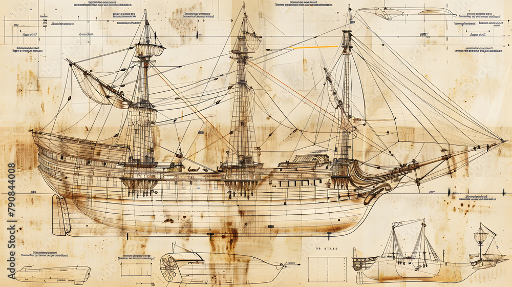 Nautical Ship Blueprint in Cyanotype Style Technical Drawing of ...