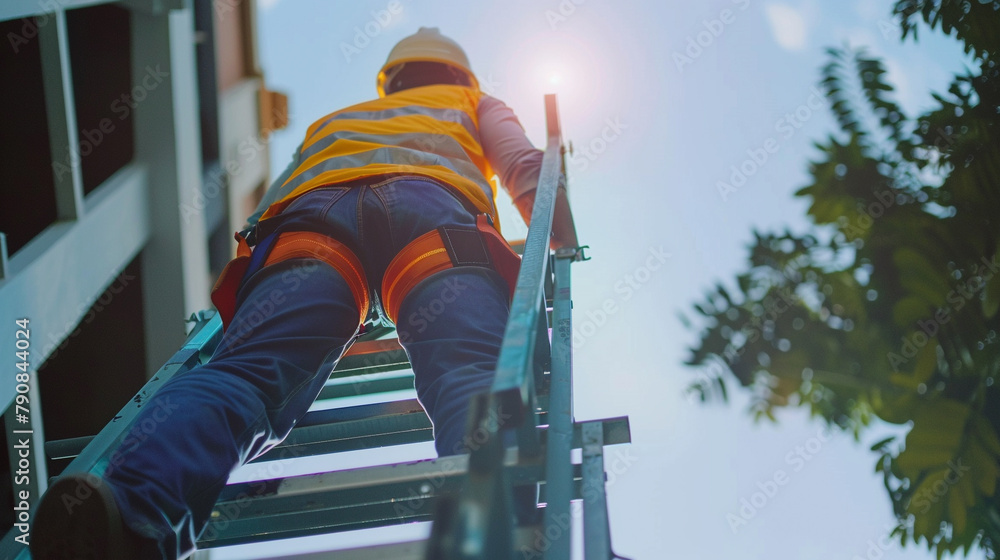 Half-body capture of a striking male worker climbing a ladder, his ...