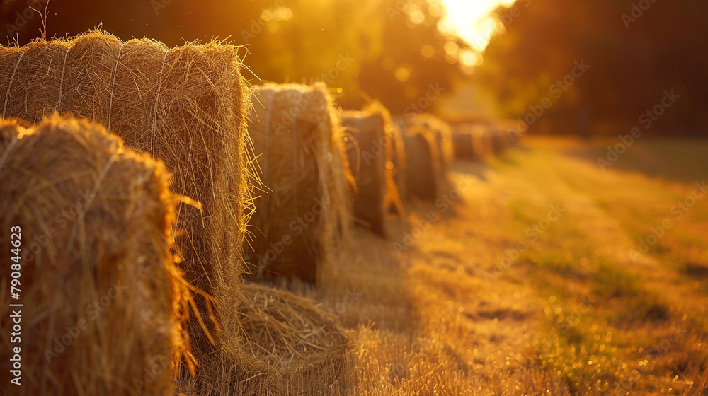A row of neatly tied bundles of hay, their golden hues glowing in the ...