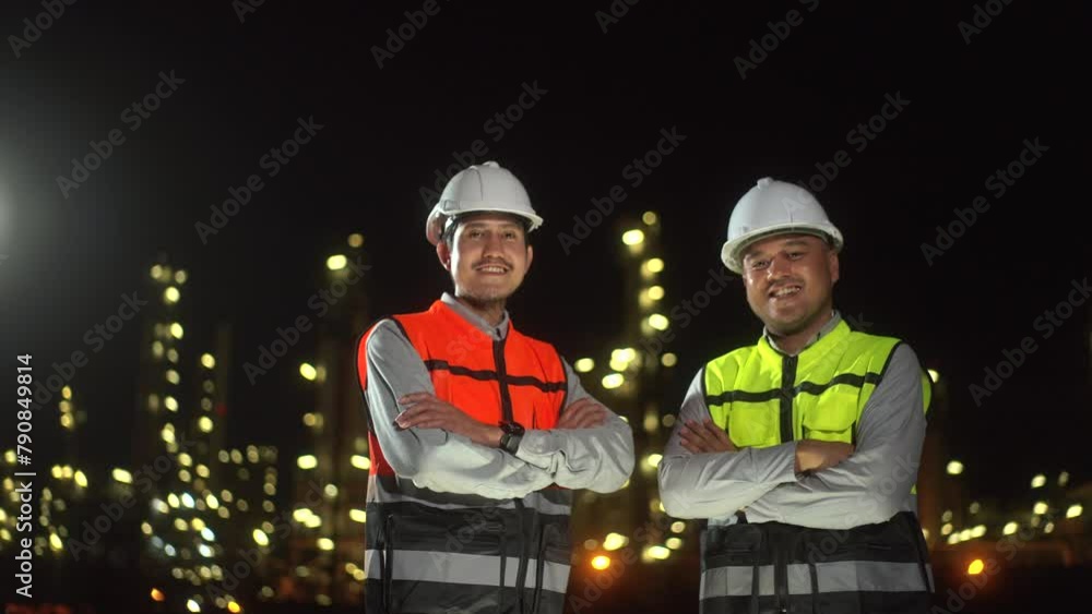 Two confident man engineer with white safety helmet standing front of ...
