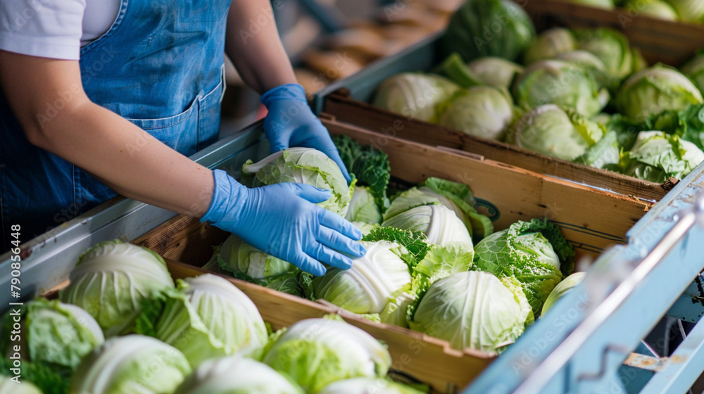 Staff pack hydroponic cabbage in conveyor line factory plant. Stock ...