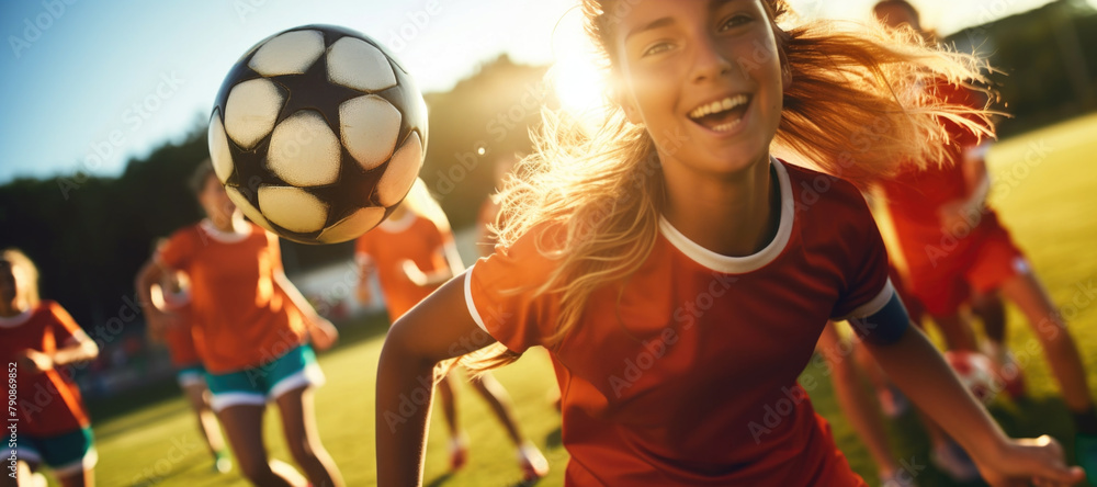 Female Soccer players performs an action on soccer stadium. Teenage ...