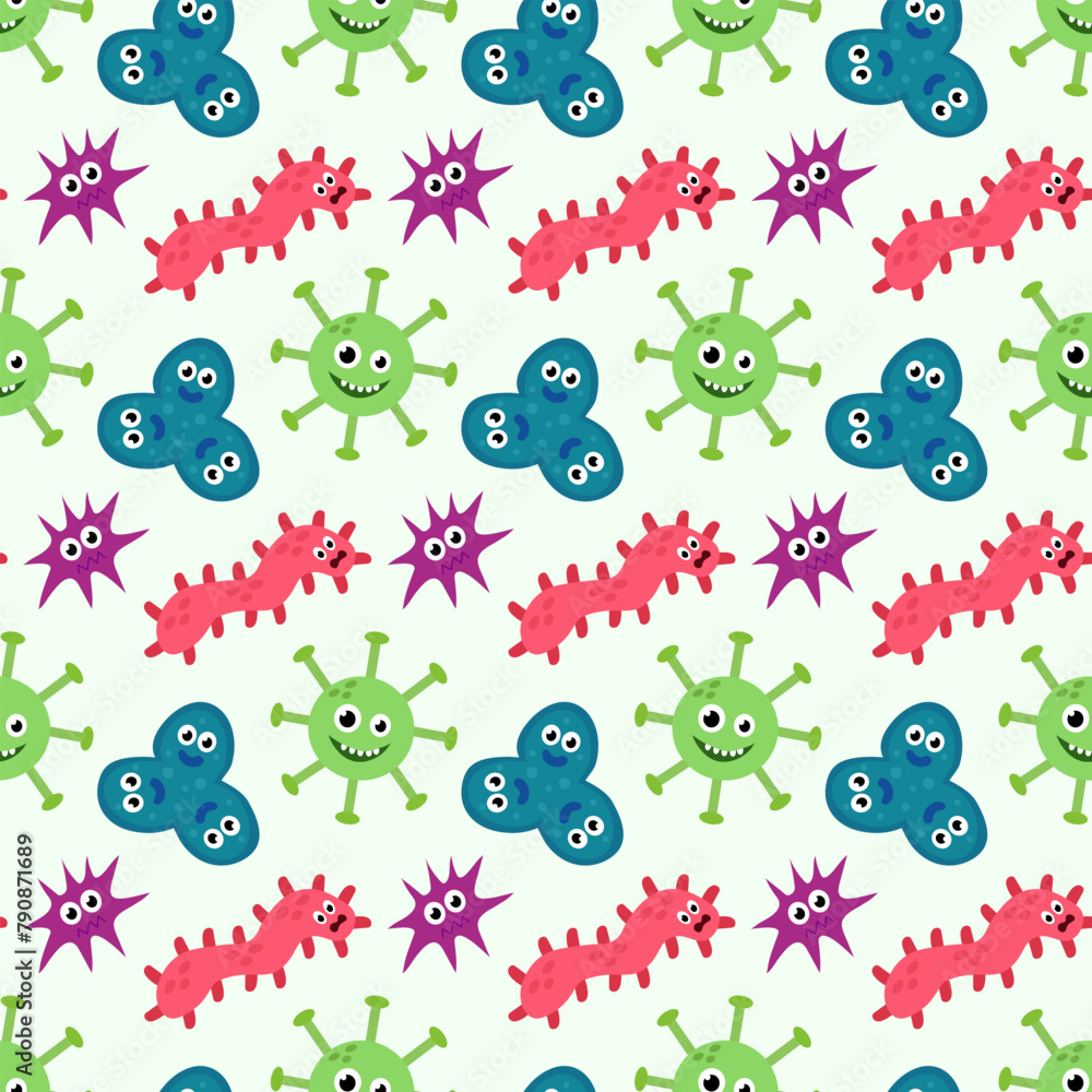 Seamless Pattern with Cute cartoon characters virus, bacteria, microbe ...