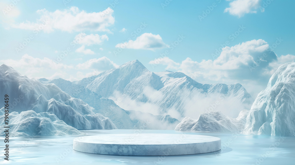3D winter platform, frozen podium on a frozen lake, backdrop of snowy ...