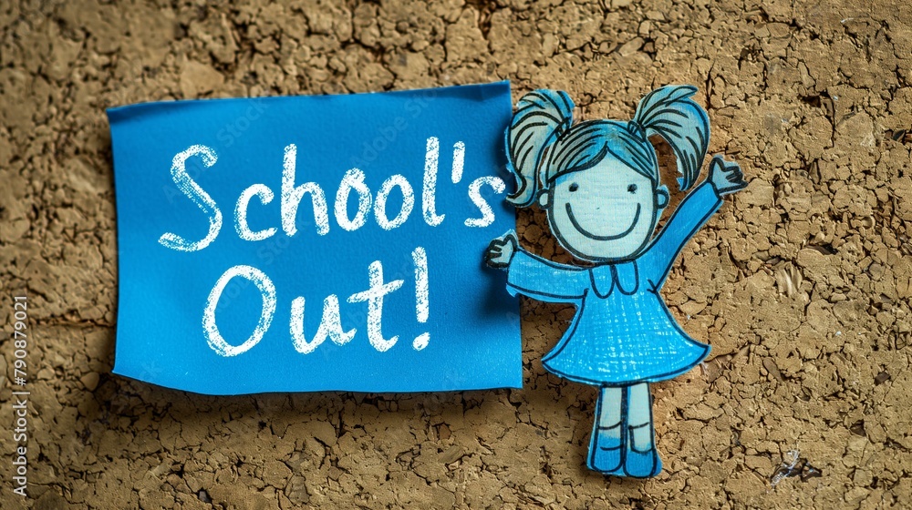 School's Out! Joyful Cartoon Drawing of Girl on Corkboard Background ...