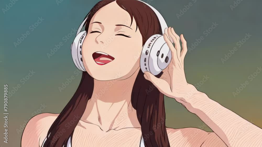 Cartoon anime girl listening to music dancing lights change seamless ...