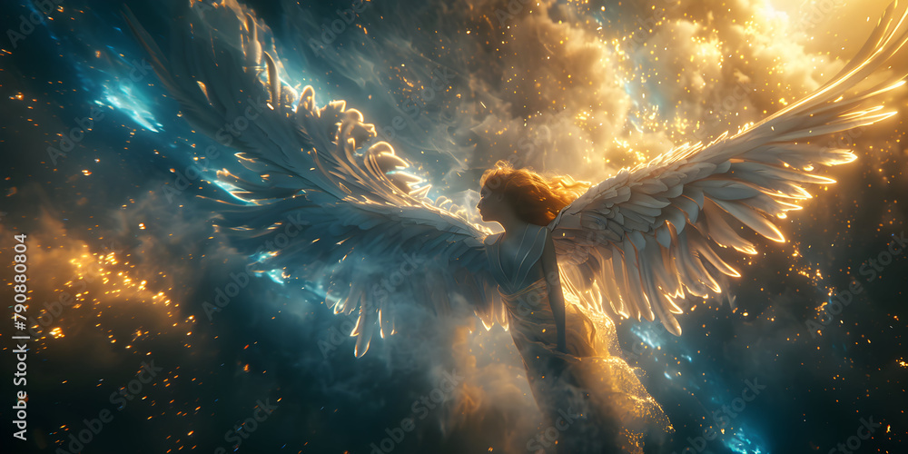 Angel mythology, a beautiful protecting angel spreading wings. Dramatic ...