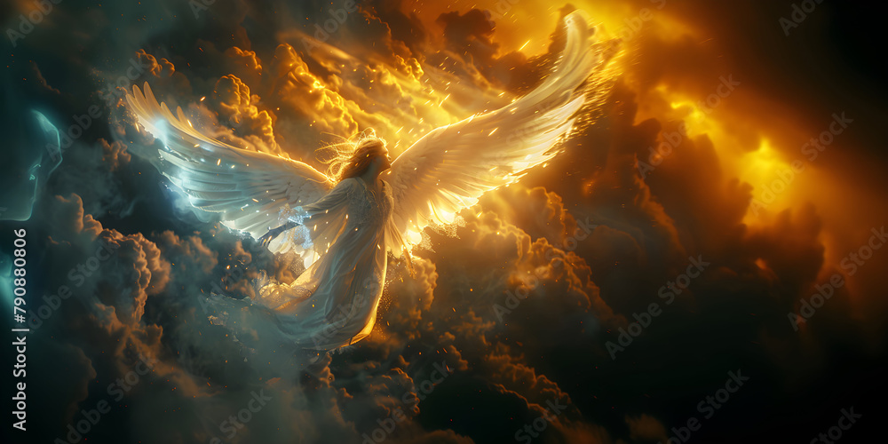Angel mythology, a beautiful protecting angel spreading wings. Dramatic ...