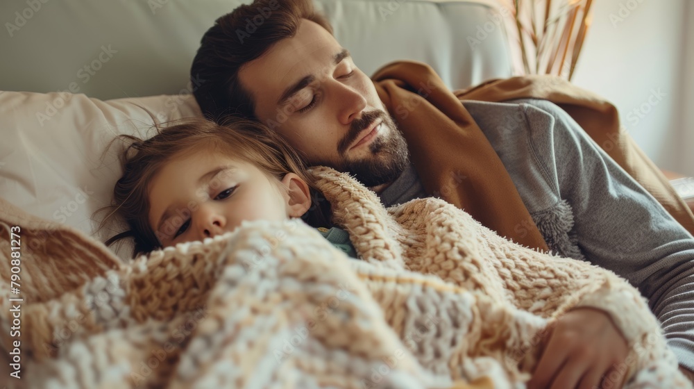man take care of little ill daughter. Sick child lying on bed under ...