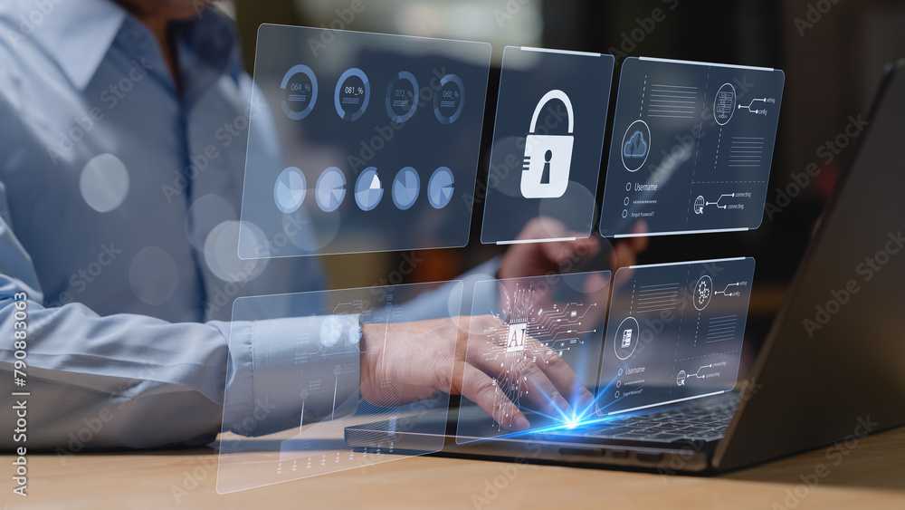 Developer man is typing on a laptop with a blue screen that has a lock ...