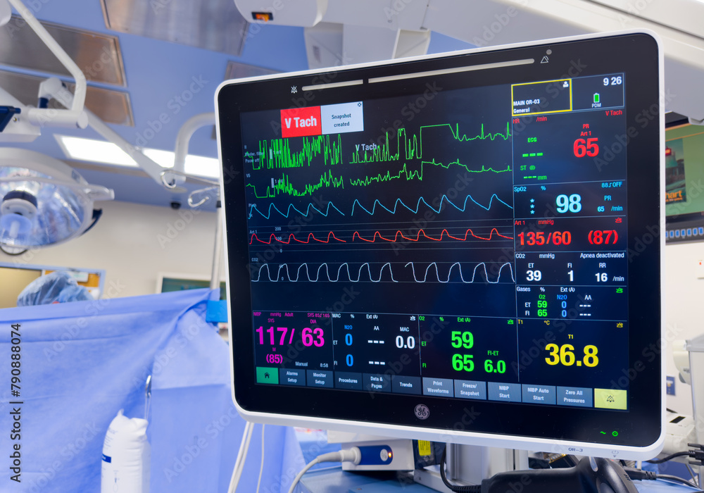 Boston, MA, USA, April 21, 2024, hospital monitor displaying vital ...