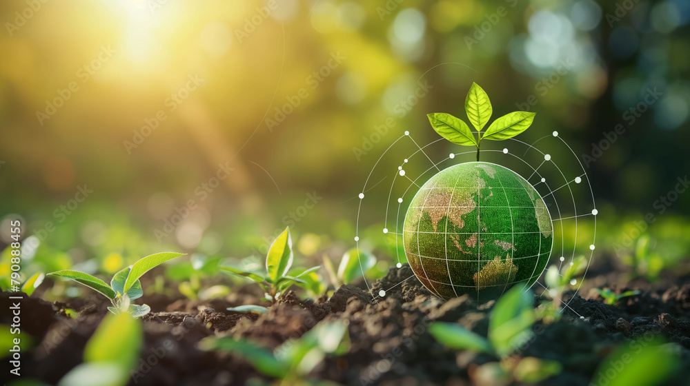 Hand-holding plants on earth with bright green grass bokeh background ...