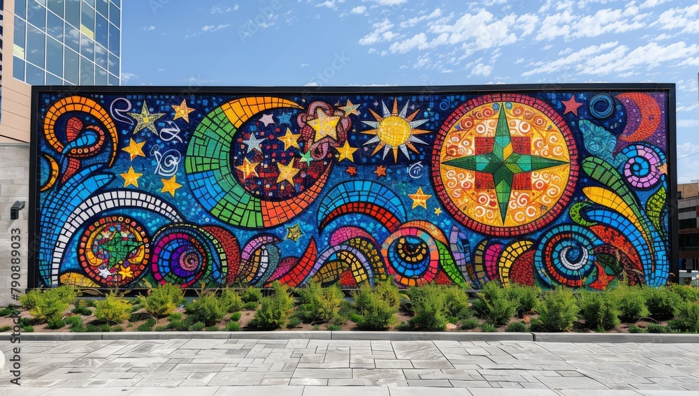 A colorful mural depicting the religious symbols of Jewish, Christian ...