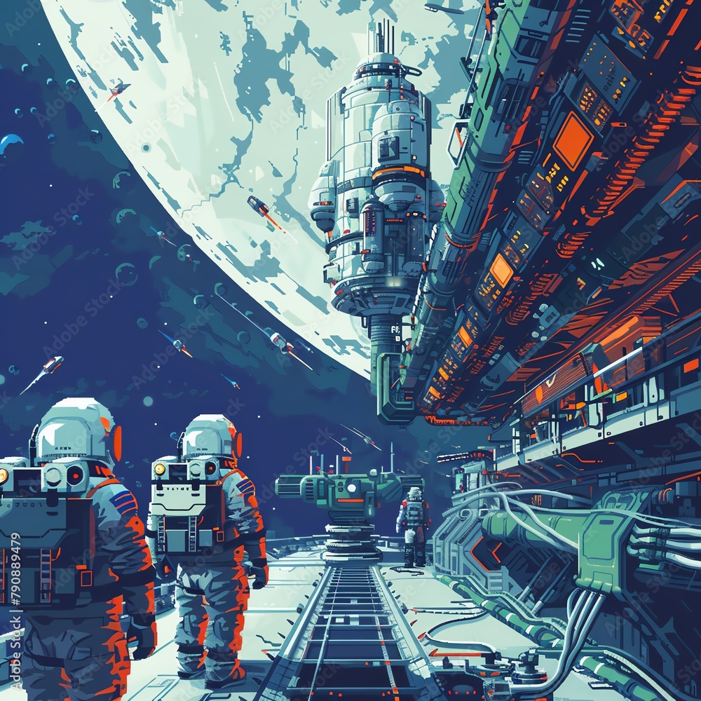 Retro pixel art space station with astronauts and futuristic technology ...