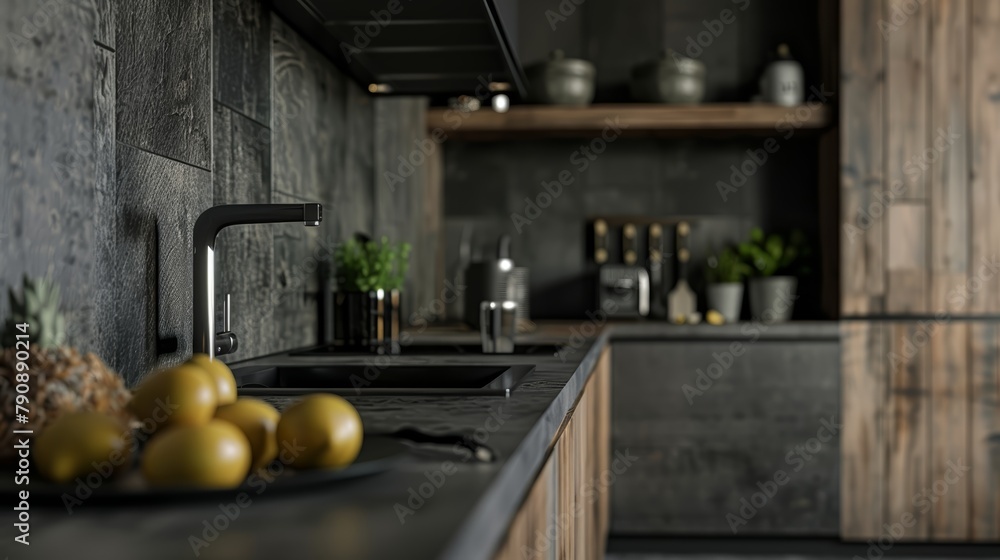 Elegant kitchen in varying shades of gray, each texture from satin ...