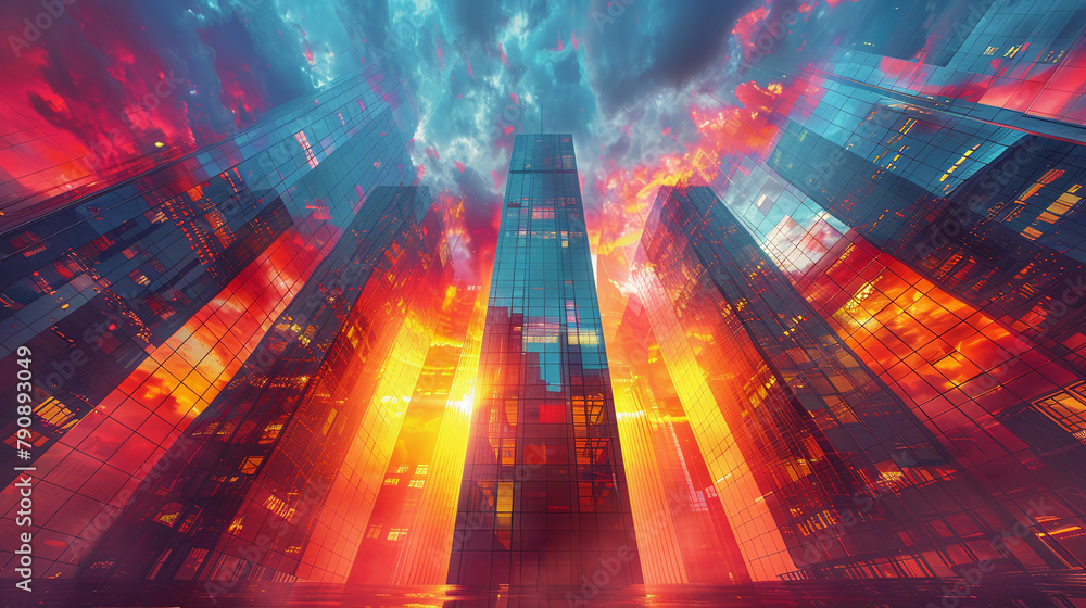 Sleek modern high-rises tower above a bustling smart city as the sun ...