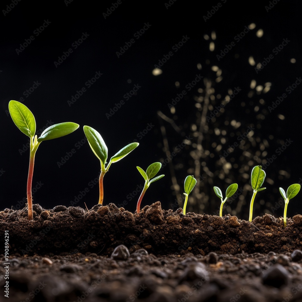 Sequence of plants sprouting in soil showcasing growth stages Stock ...
