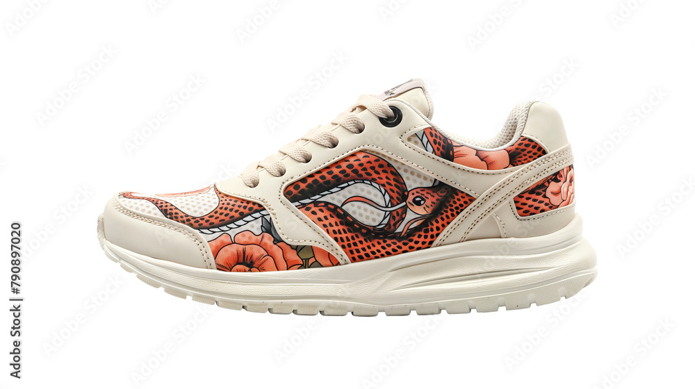 White pattern running shoes There are snakes and flowers decorated on ...