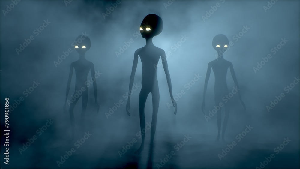 Three scary gray aliens walk and look blinking on a dark smoky ...