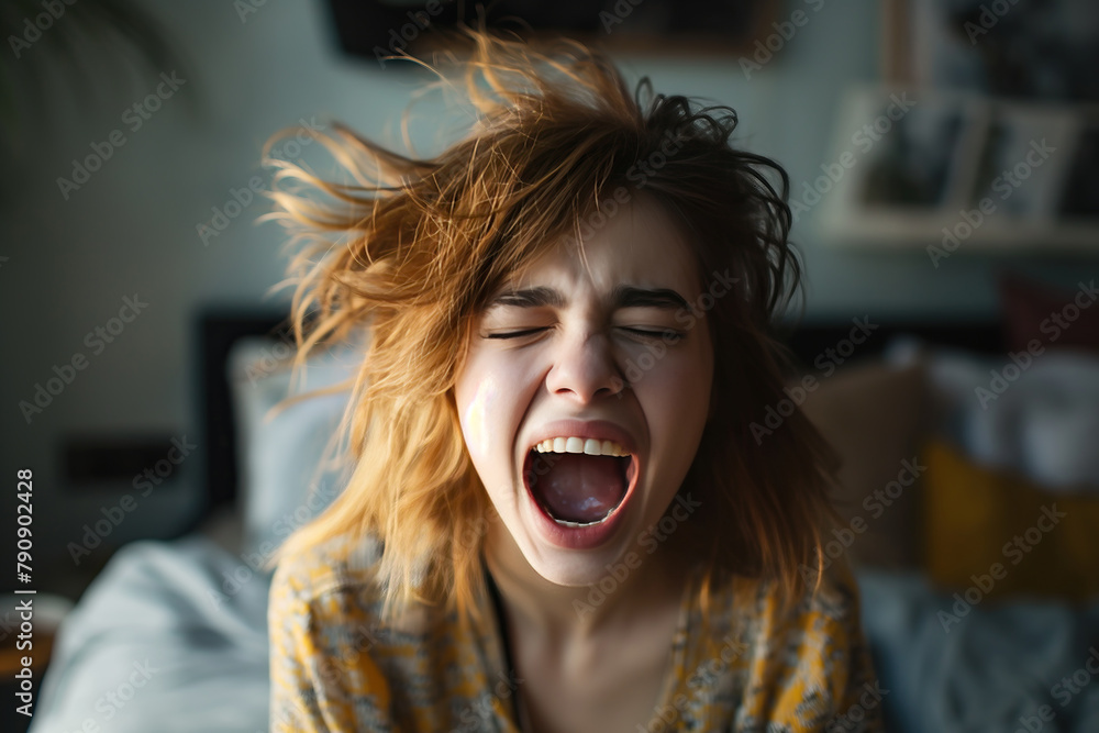 Young woman face portrait with messy hair, yawn in morning after waking ...