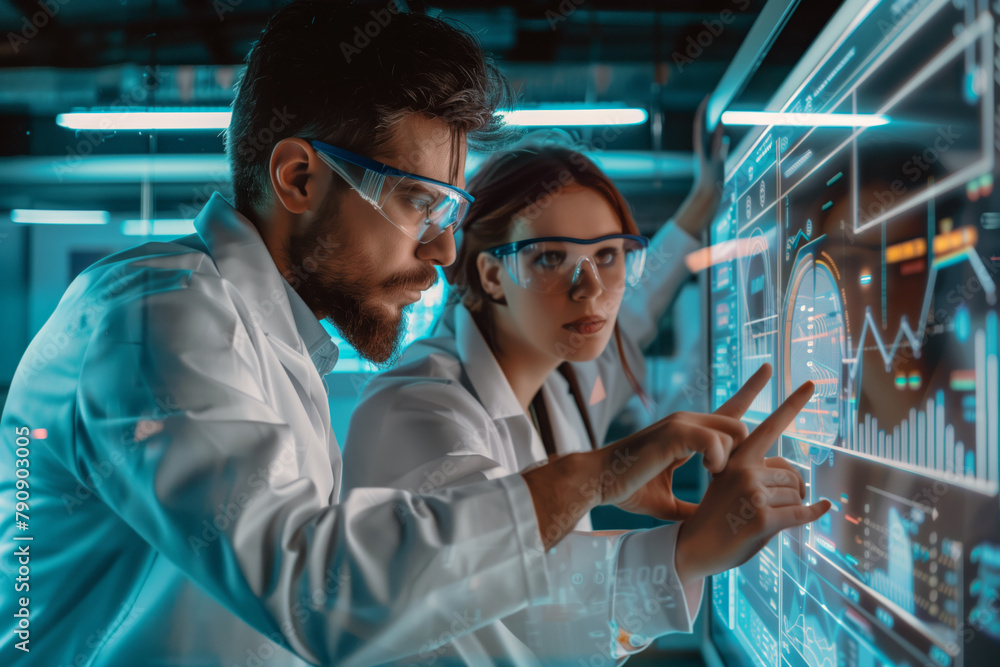 A male and female scientist are engaged in data analysis on a ...