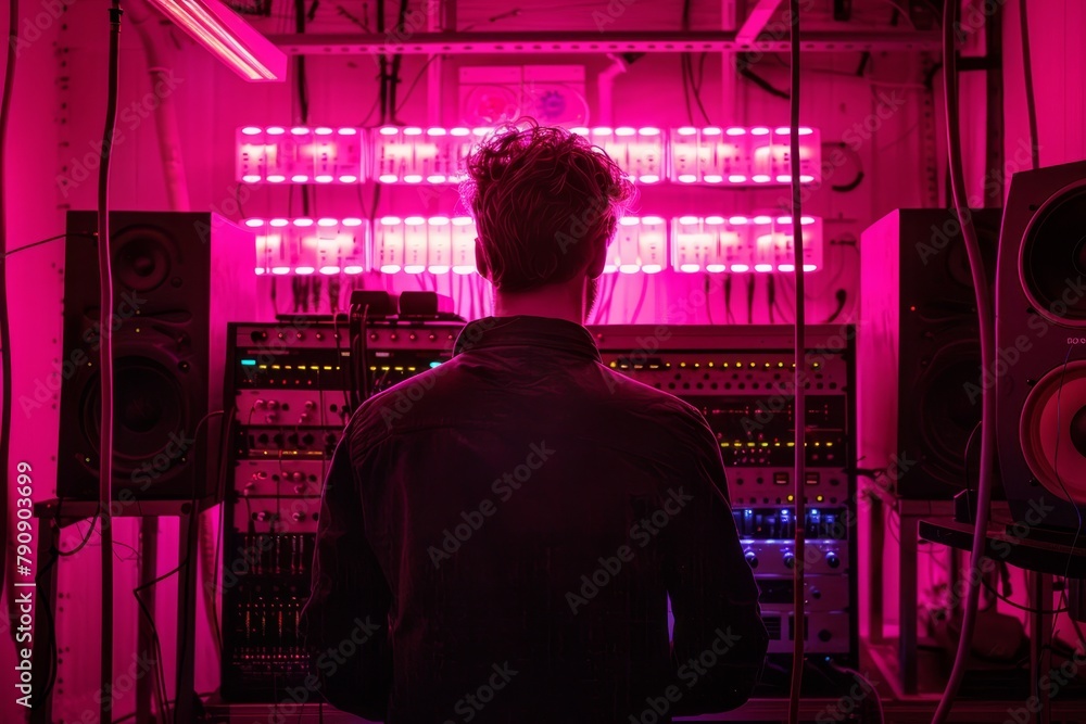 back view. man in black vear work with sound in the pink audio system ...