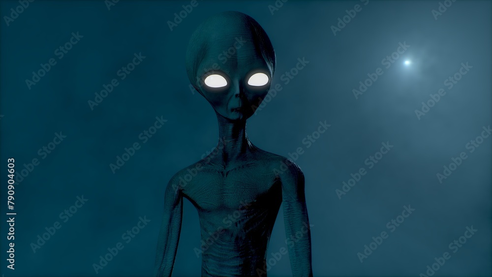 Scary gray alien stands and looks blinking on a dark smoky background ...
