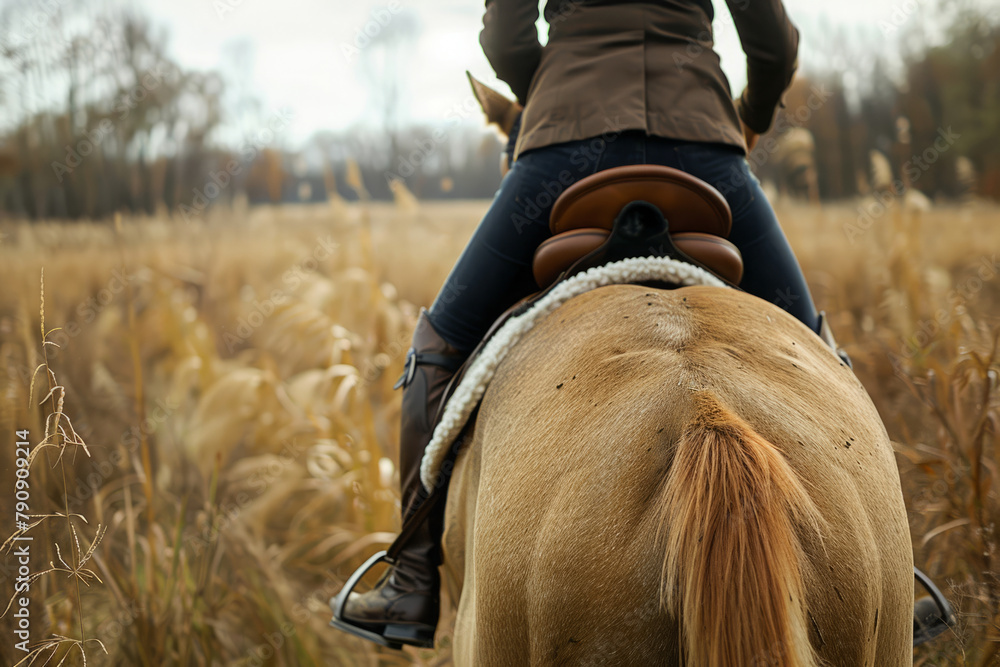 Person rides horse across autumn field, back view. Horseback riding in ...