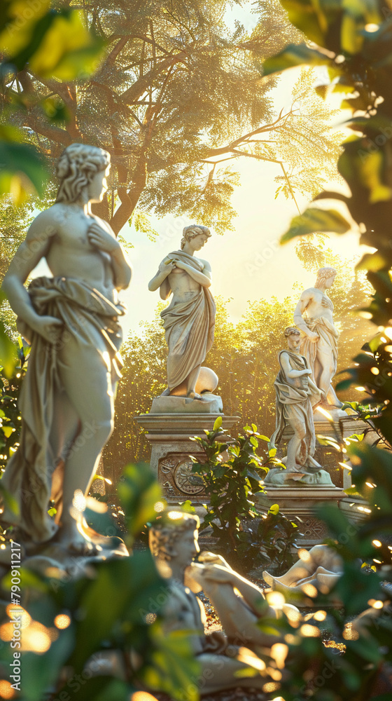 Hellenistic sculpture garden at sunset, 3D vector illustration with ...