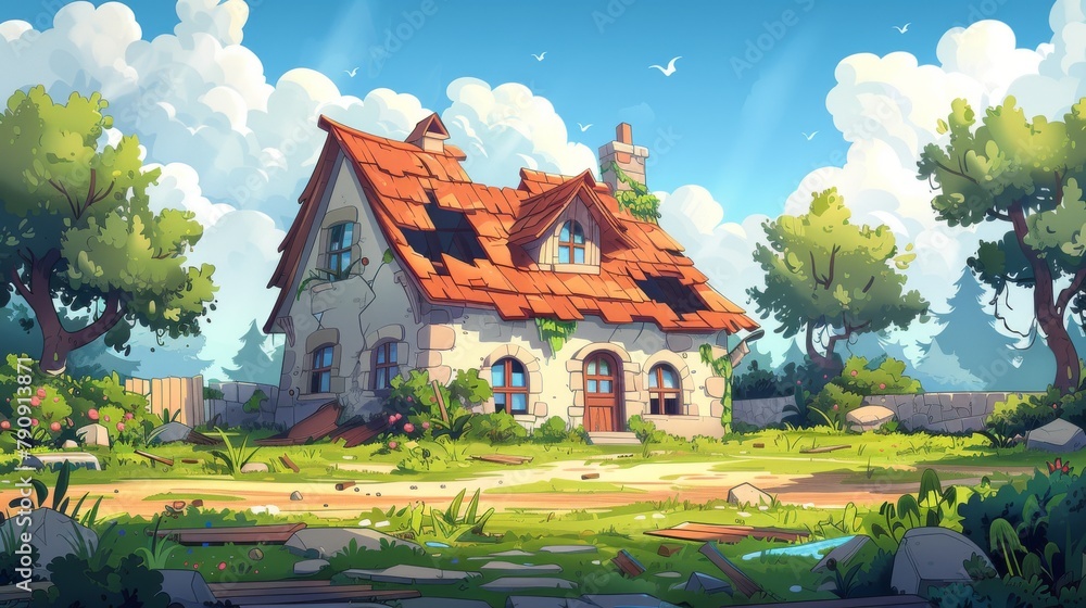 a cartoon house with broken shingles and holes in the roof and boards ...