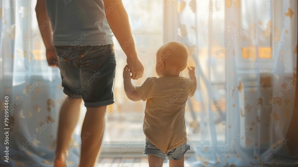 baby first steps. baby goes her father at window learns to walk to take ...