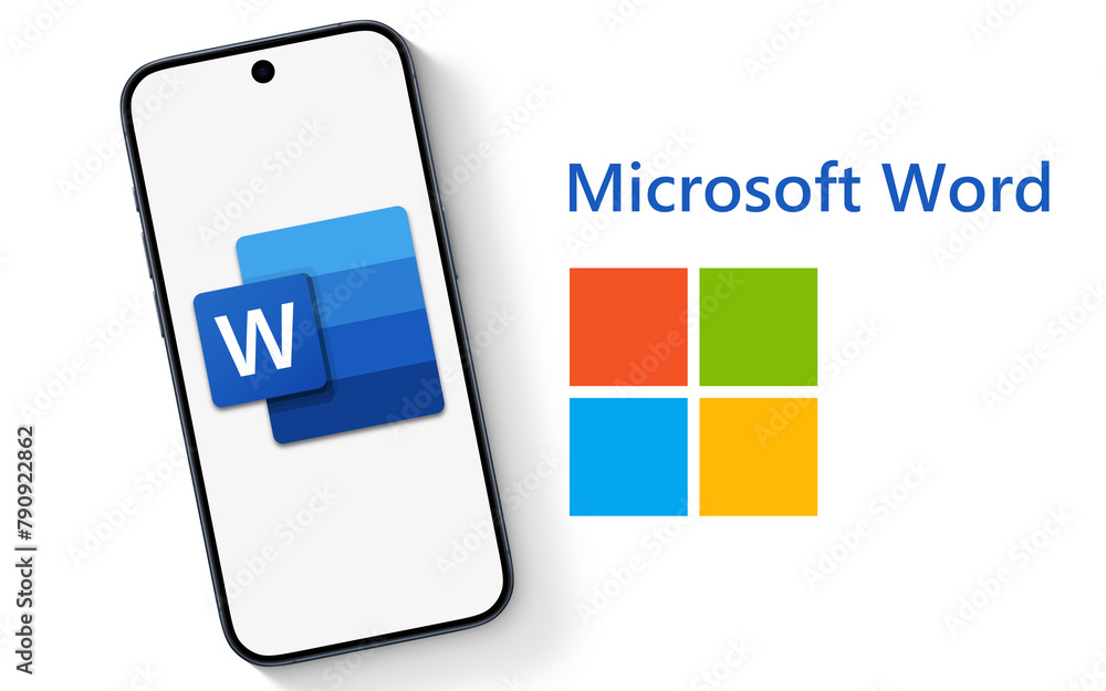 Word Logo is displayed on a modern smartphone with shadow laying on a ...