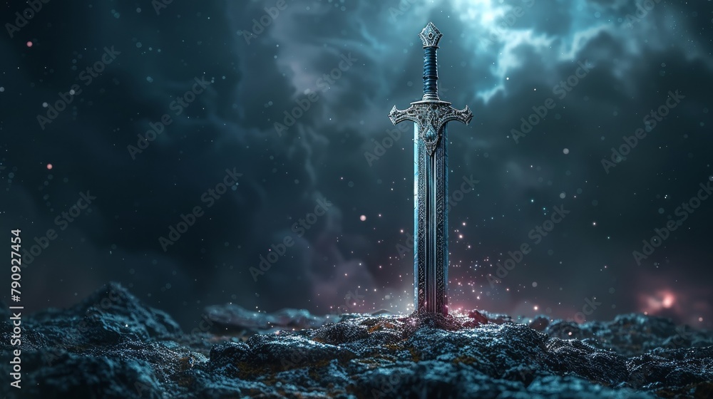 Enchanted sword, stone pedestal, starry night, high contrast etching ...