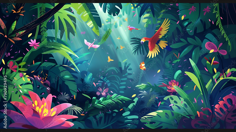 Vibrant Jungle Biodiversity. Animals and Plants in Lush Rainforest ...