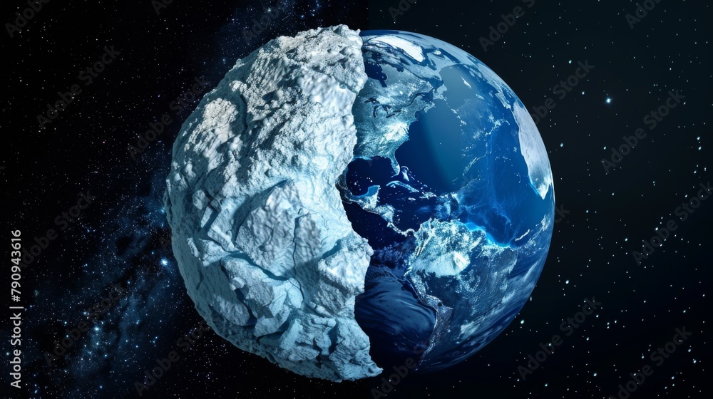 A composite image showing the Earth with shrinking polar ice caps ...