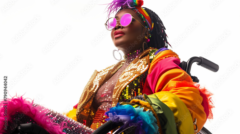 Disabled black queer drag queen in a wheelchair wearing rainbow clothes ...