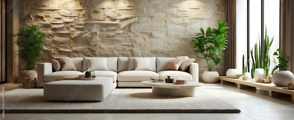 Harmonious Living Room with Natural Stone Accents and Water Feature ...