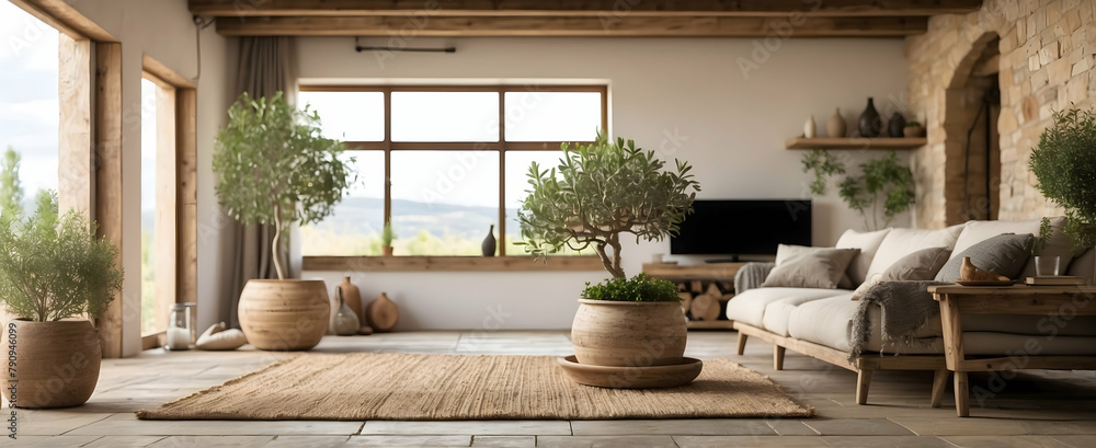 Farmhouse Living Room with Reclaimed Wood Beams and Olive Tree - Rustic ...