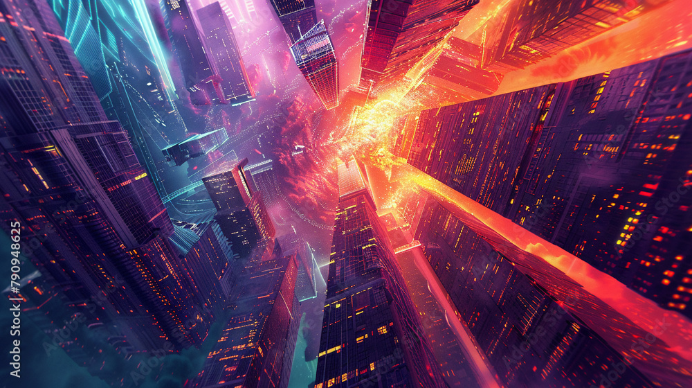 A dramatic scene of a rift in a futuristic city, 3D vector illustration ...