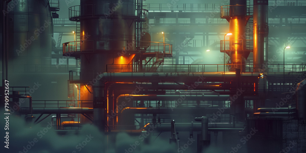 Night factory concept poster background. Night plant with pipes and ...