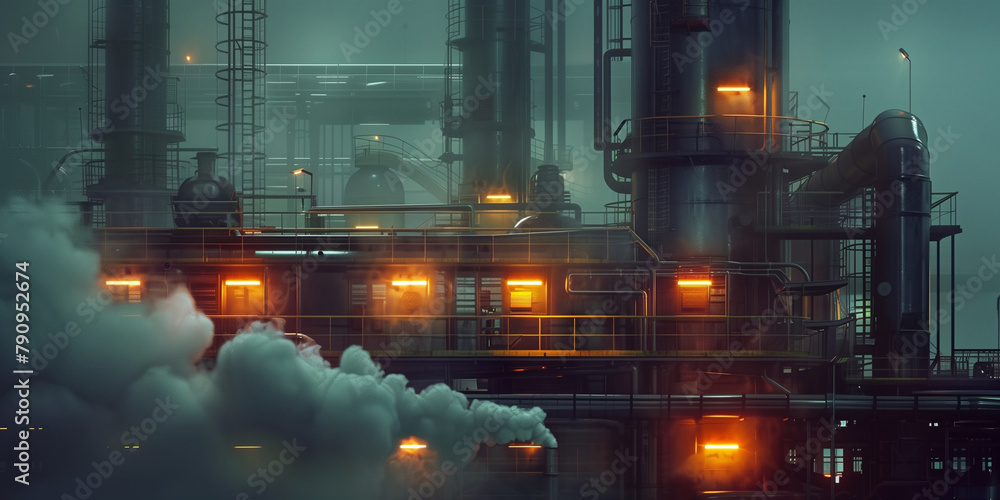 Night factory concept poster background. Night plant with pipes and ...