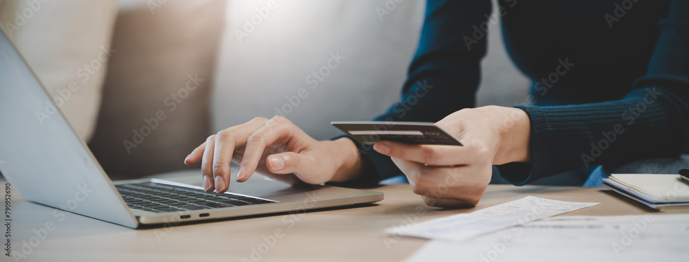 Internet banking, Online shopping at home, asian young woman hand in ...