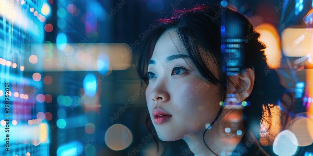 Futuristic portrait of Asian girl with glowing data visualization ...
