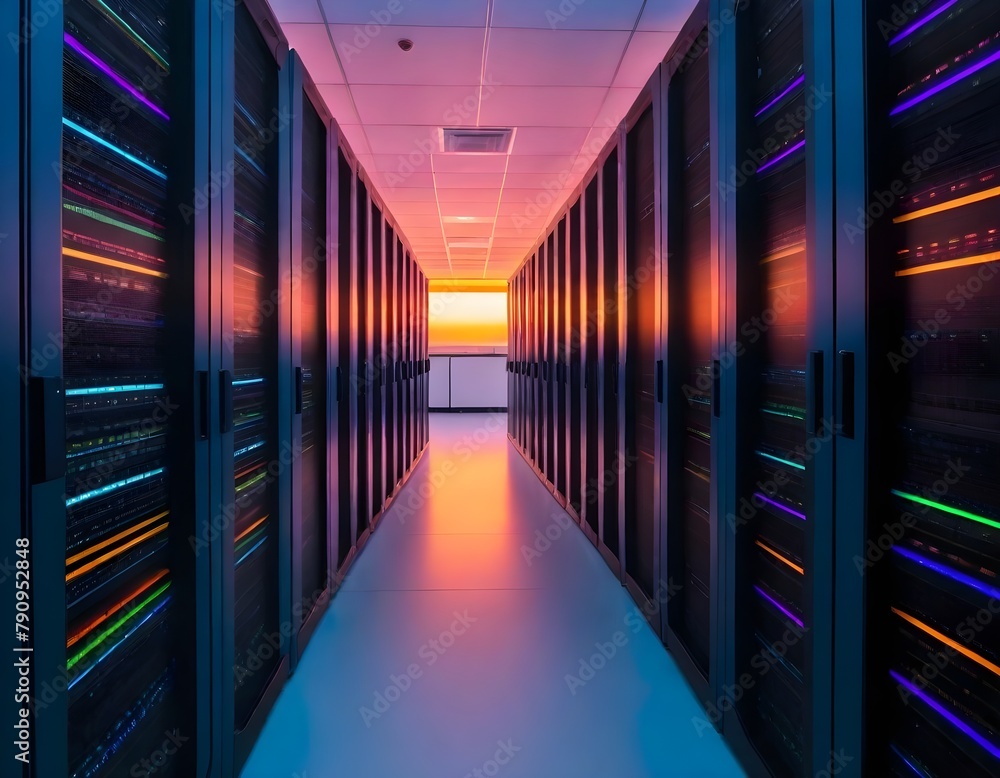 A long row of server racks in a server room , with a overcast sky ...