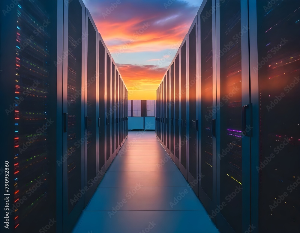 A long row of server racks in a server room , with a overcast sky ...