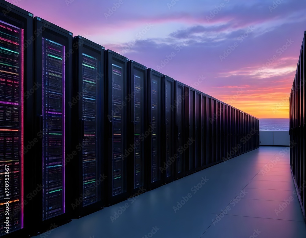 A long row of server racks in a server room , with a overcast sky ...